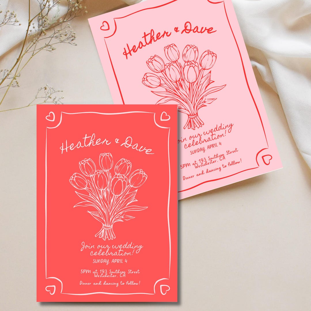 WEDDING INVITE /RSVP Suite | Pink & Red Tulip | Digital Download | Fun ...