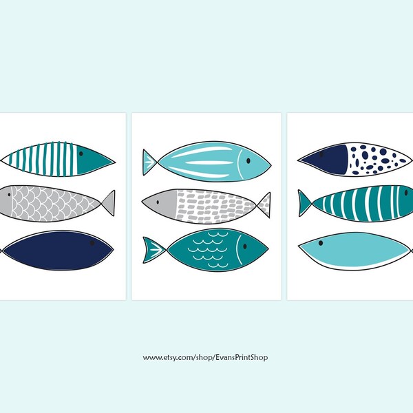 Fish Bathroom Art Prints Set of 3 Fish Bathroom Decor Kids Bathroom ...