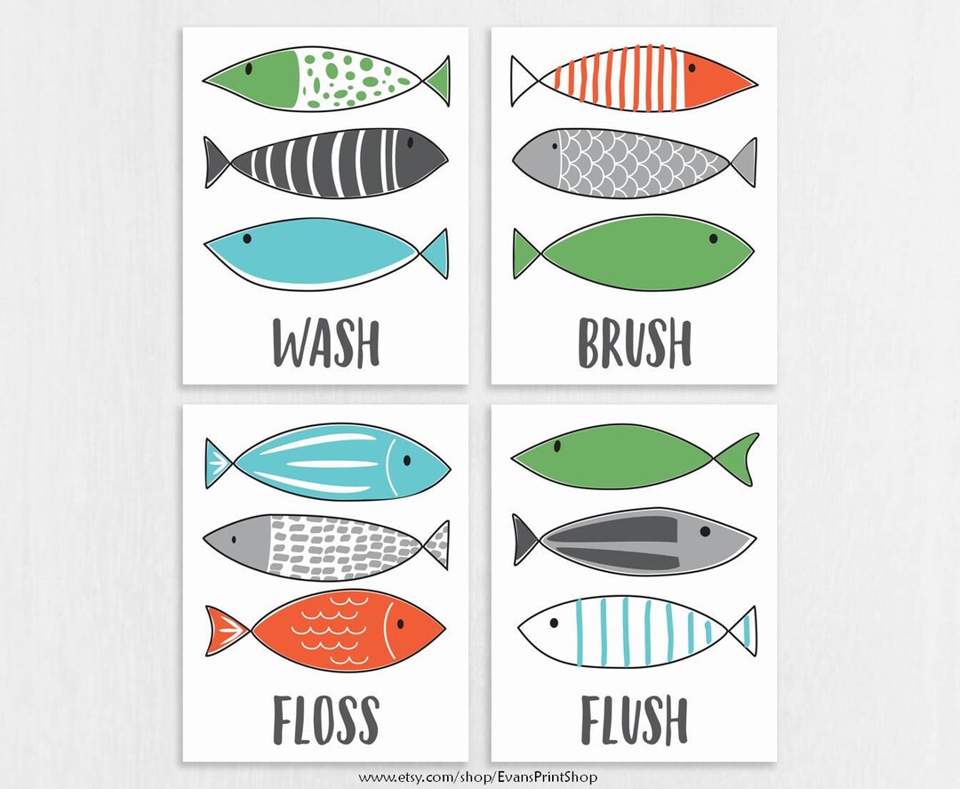 Fish Bathroom Art Prints Set of 4 Wash Brush Floss Flush Modern ...
