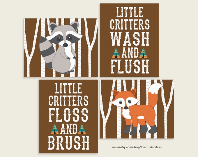 Woodland Bathroom Art Prints Set of 4 - Woodland Bathroom Decor ...