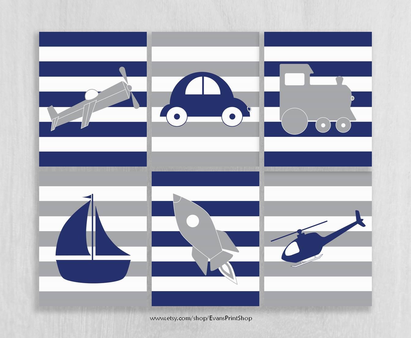 Navy and Lime Green Nursery Art Prints Set of 6 Plane Train - Etsy