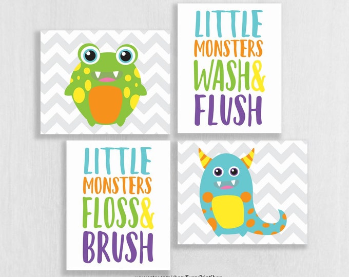 CANVAS Monster Bathroom Decor Little Monster Bathroom Wash Brush Floss ...