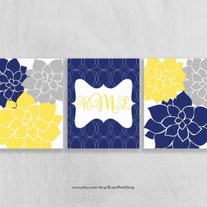 Yellow and Navy Nursery Art Print Set of 3 Flower Art Prints | Etsy