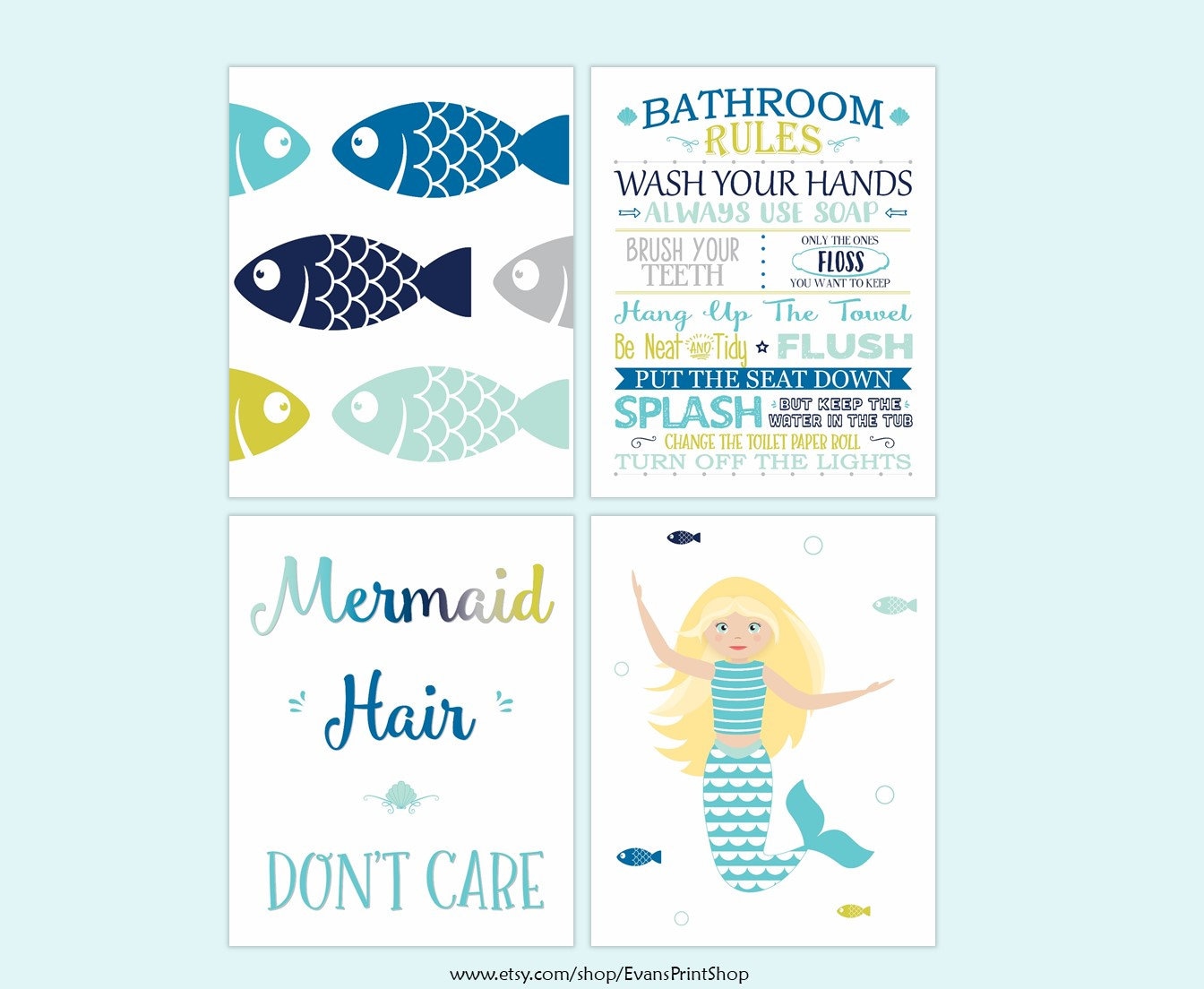 Fish Bathroom Art Prints Set of 4 Bathroom Rules Sign | Etsy