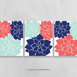 Nursery Wall Art Print Set of 3 Coral Navy and Mint Nursery Flower Art ...