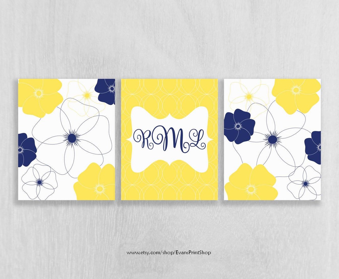 Yellow and Navy Nursery Art Print Set of 3 Flower Art Prints Monogram ...