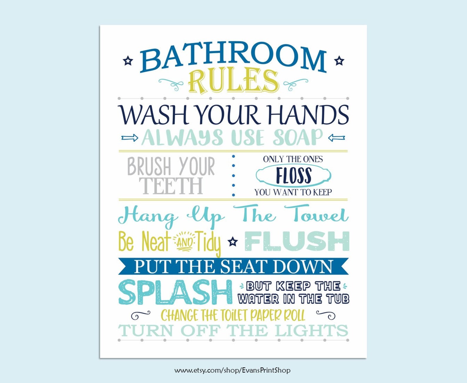 Bathroom Rules Sign Art Print Wash Brush Floss Flush Kids - Etsy