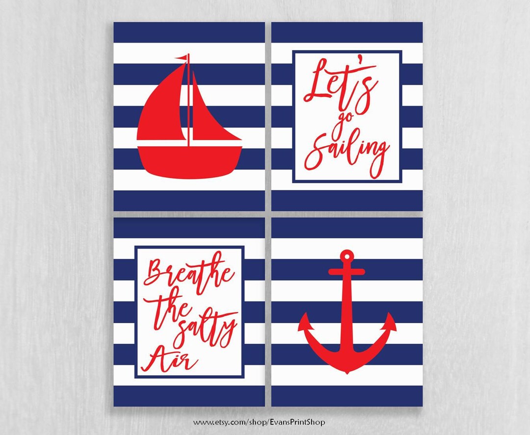 CANVAS Nautical Wall Art Set of 4 Beach Decor Nautical Decor Let's Go ...