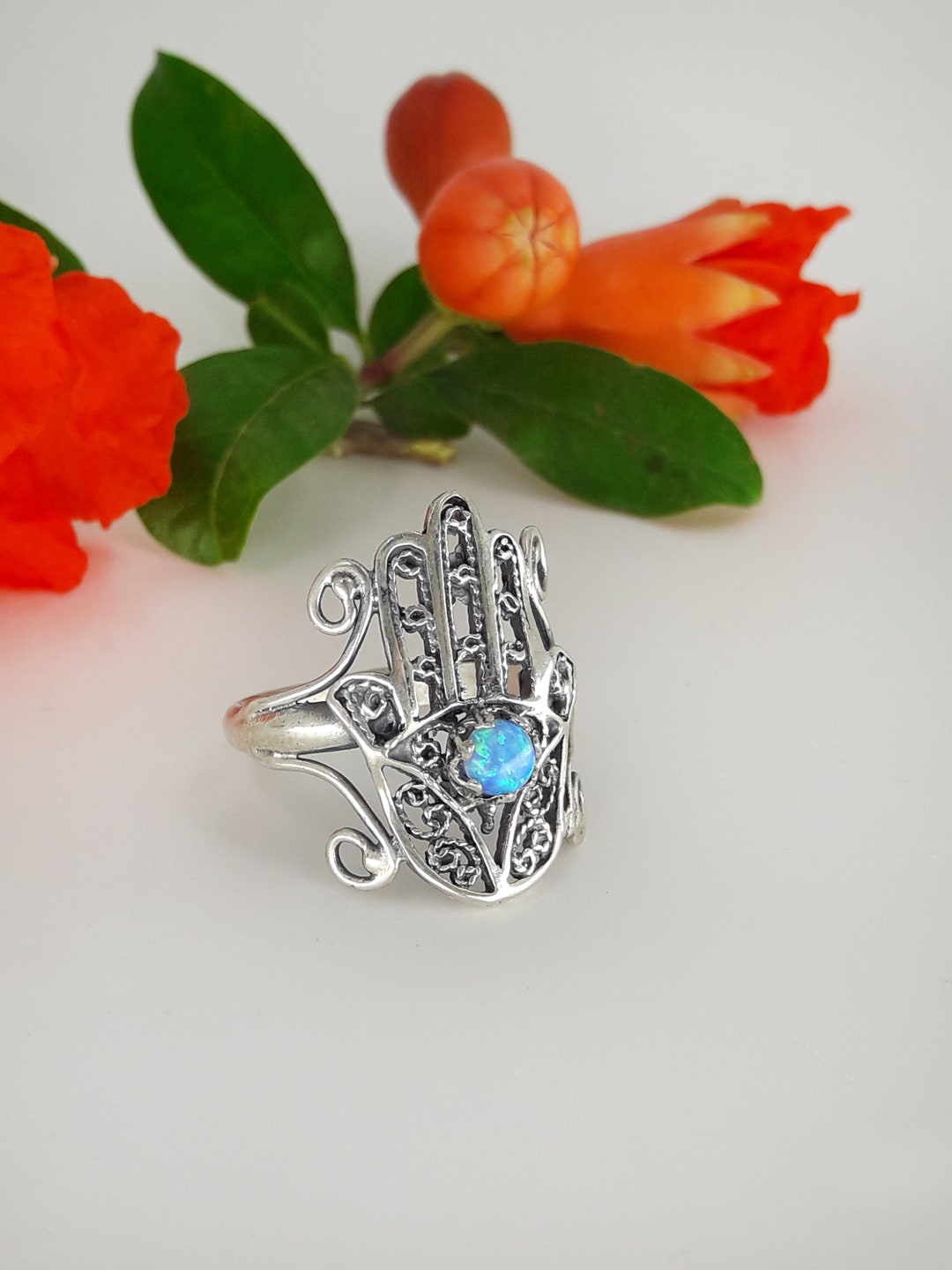 Filigree Hamsa Ring, Opal Hamsa Ring, Thumb Ring, Good Luck Ring, Evil ...