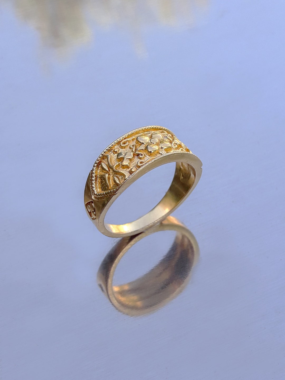 Floral 14K Gold Ring, Flower Pattern Gold Ring, Seal Signet Ring ...