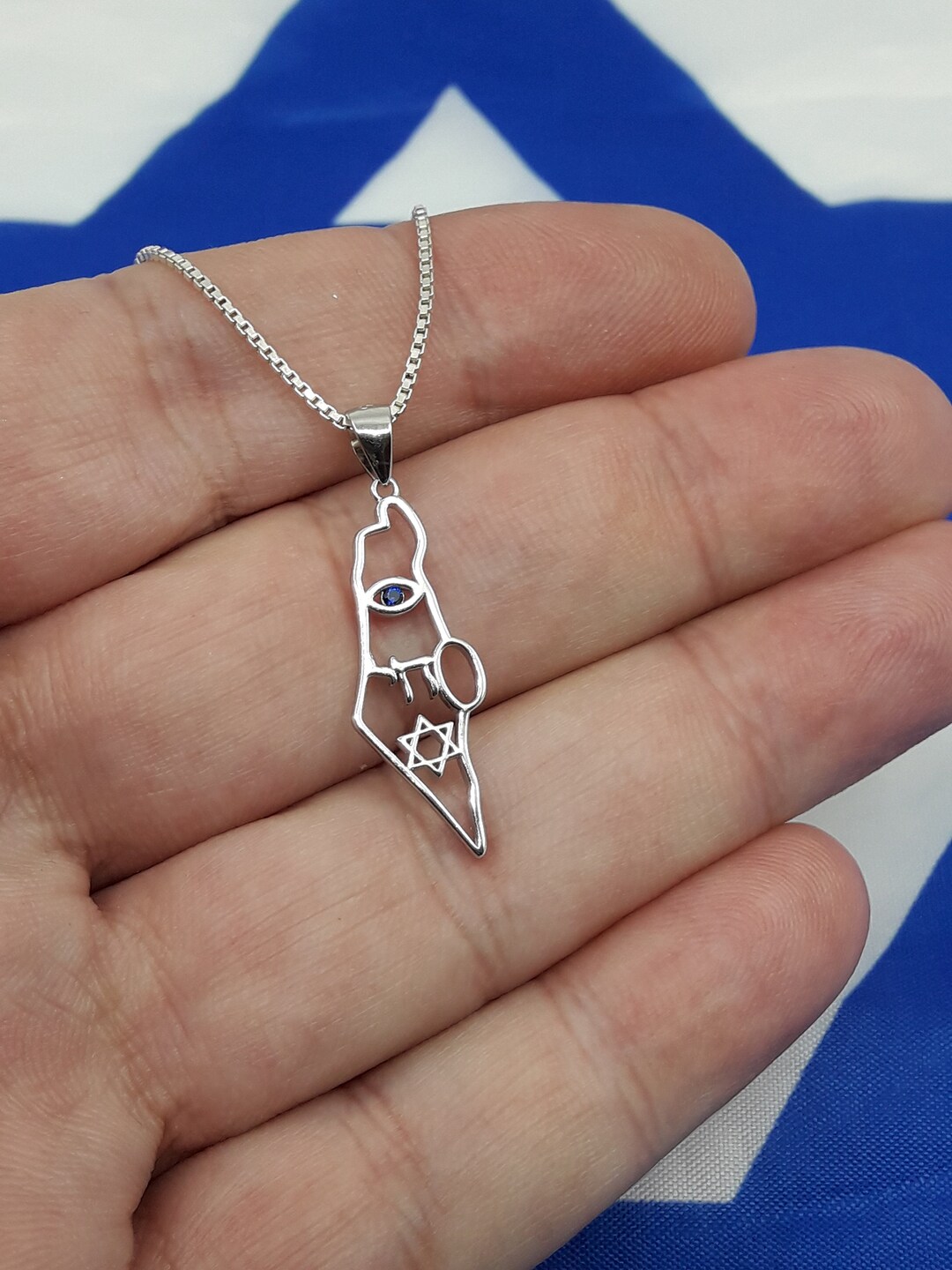Jewish Map of Israel Necklace With 3 Symbols the Eye - Chai ( Life in ...