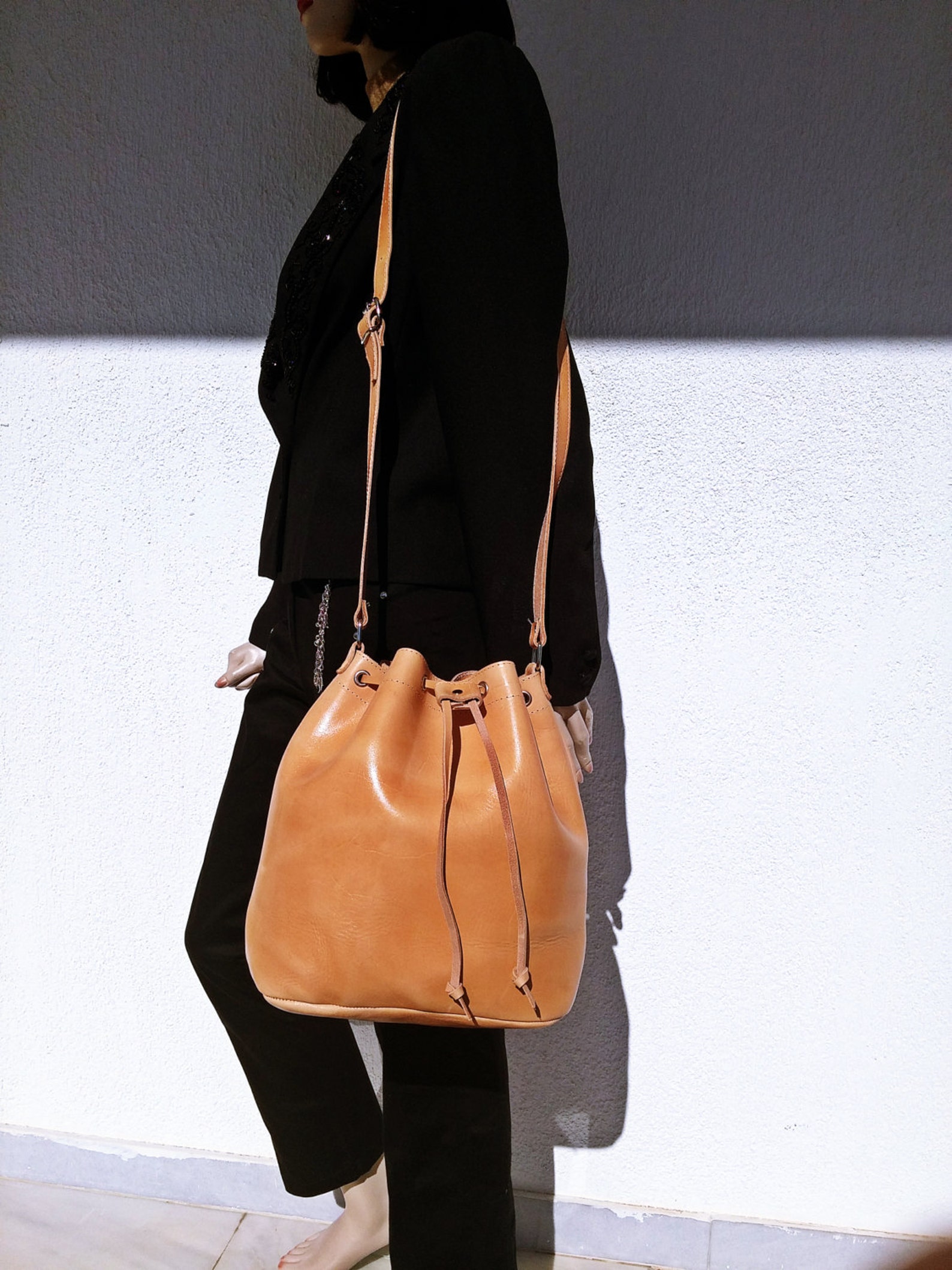 Leather Bucket Bag - Leather Pouch With Drawstring. Leather Shoulder ...