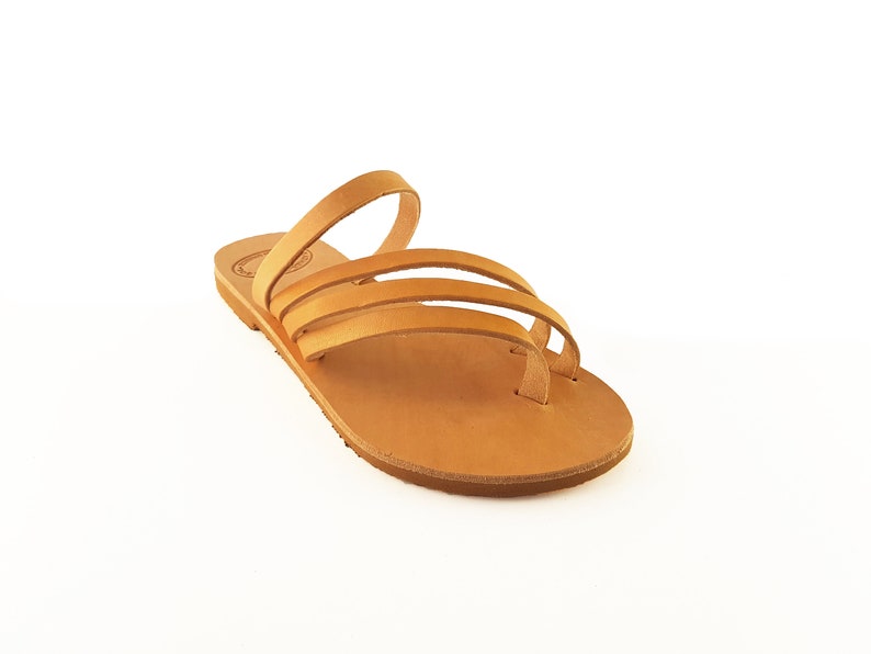 Flat Tan Strappy Slip on Sandals for Women Genuine Leather - Etsy