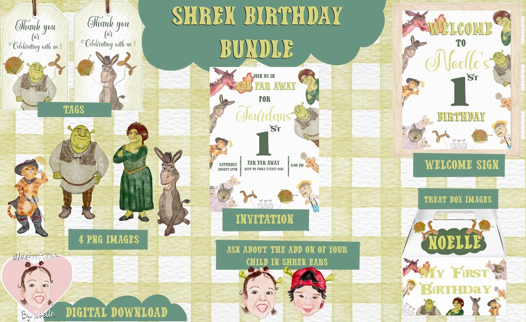 Shrek Birthday Bundle /invite/ Welcome Sign/ Thank You Tags/treat Boxes ...
