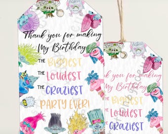 Kids Birthday Favor Tag, Trolls Birthday Thank You Tag, Birthday Party ...