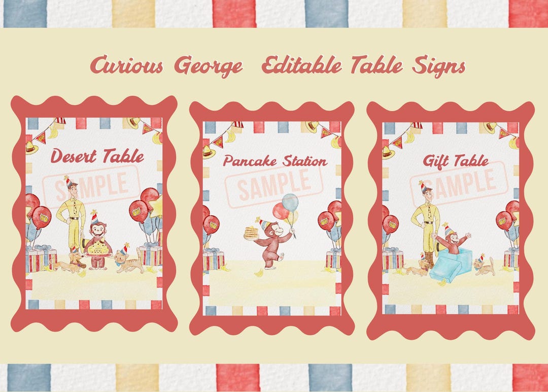 Curious George Table Signs / Lets Go Bananas / Soft Pastels/ Watercolor ...