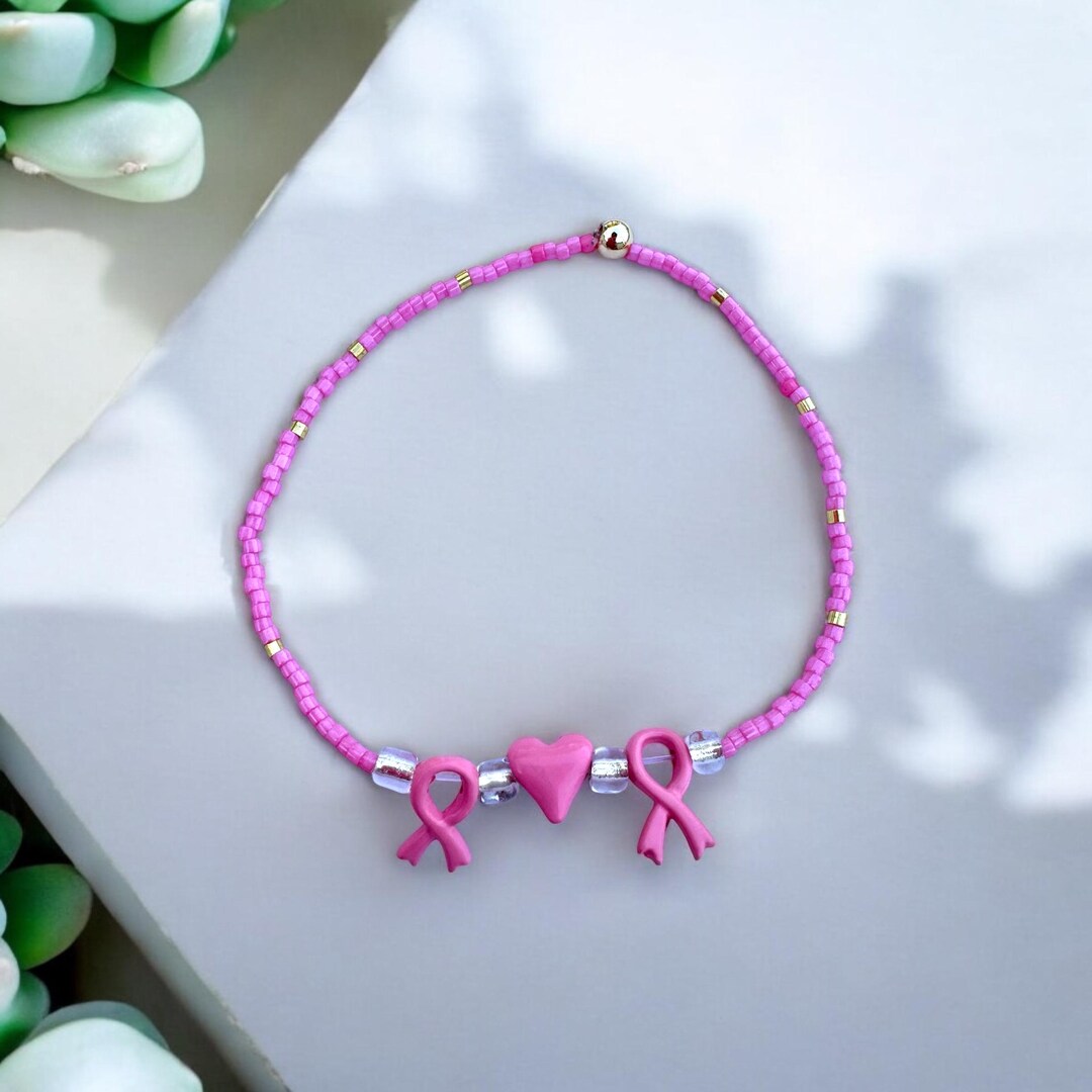 Pink Ribbon Beaded Bracelet: Breast Cancer Awareness Gift - Etsy