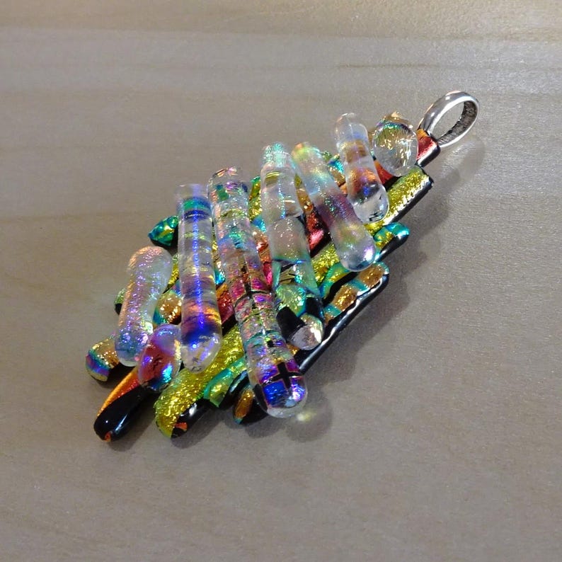 Unusual Shiny Bling Gold Layered Rainbow Dichroic Fused Glass Pendant ...