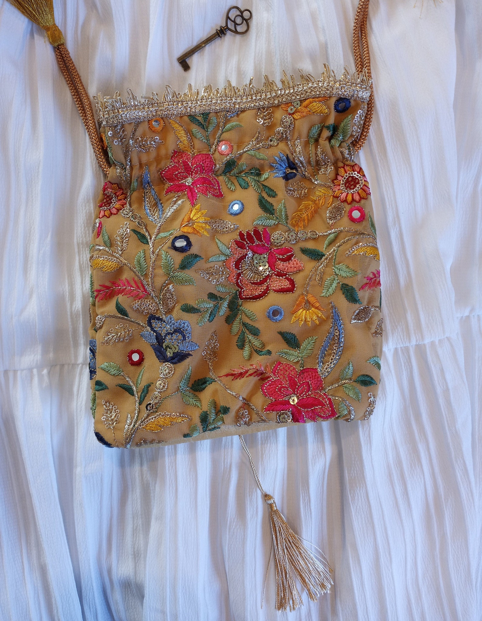 Gold Embroidered Floral Tassel Bag Pouch Drawstring Belt Waist Purse ...