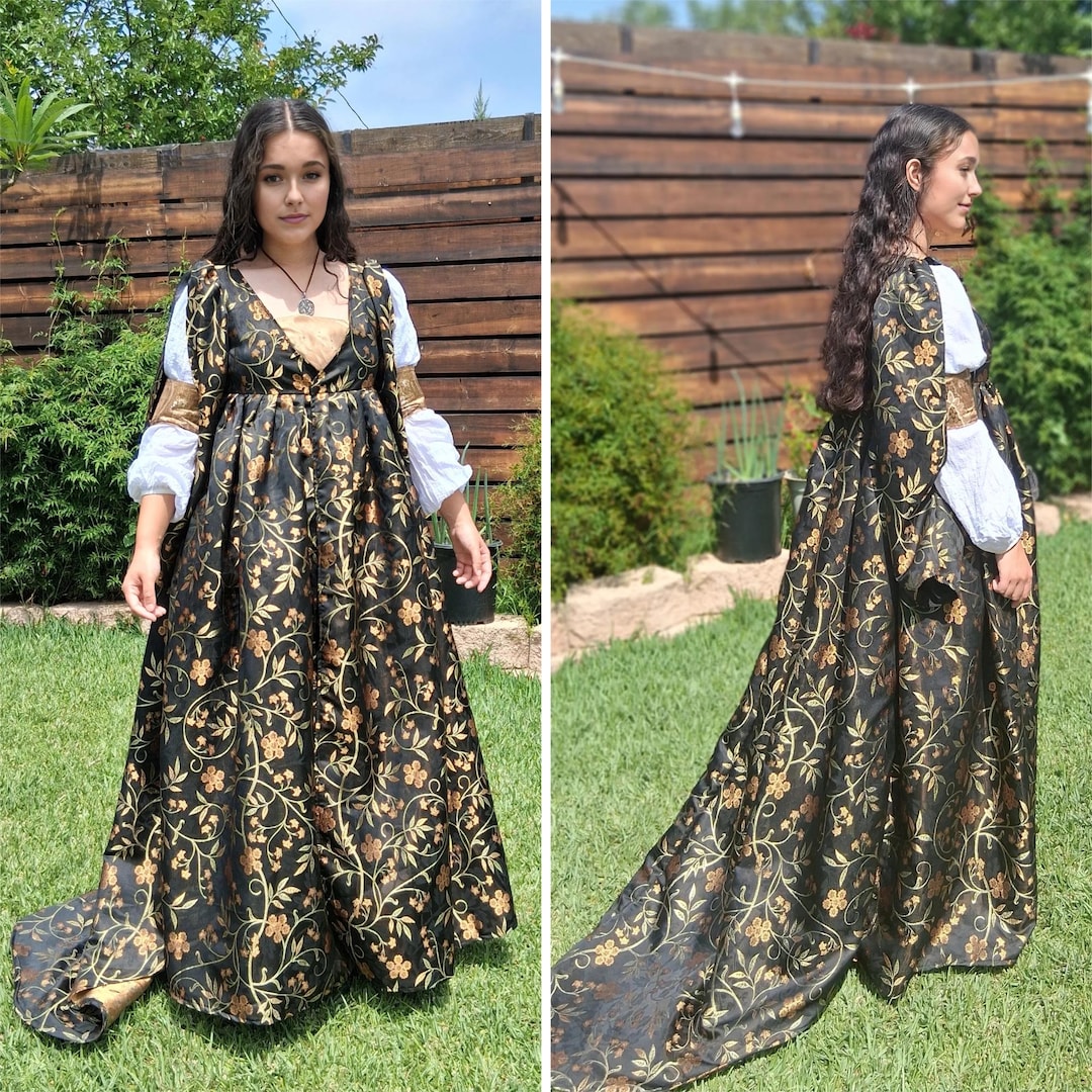 Italian Renaissance Cioppa Gown Dress Costume - Overdress Black Flower ...