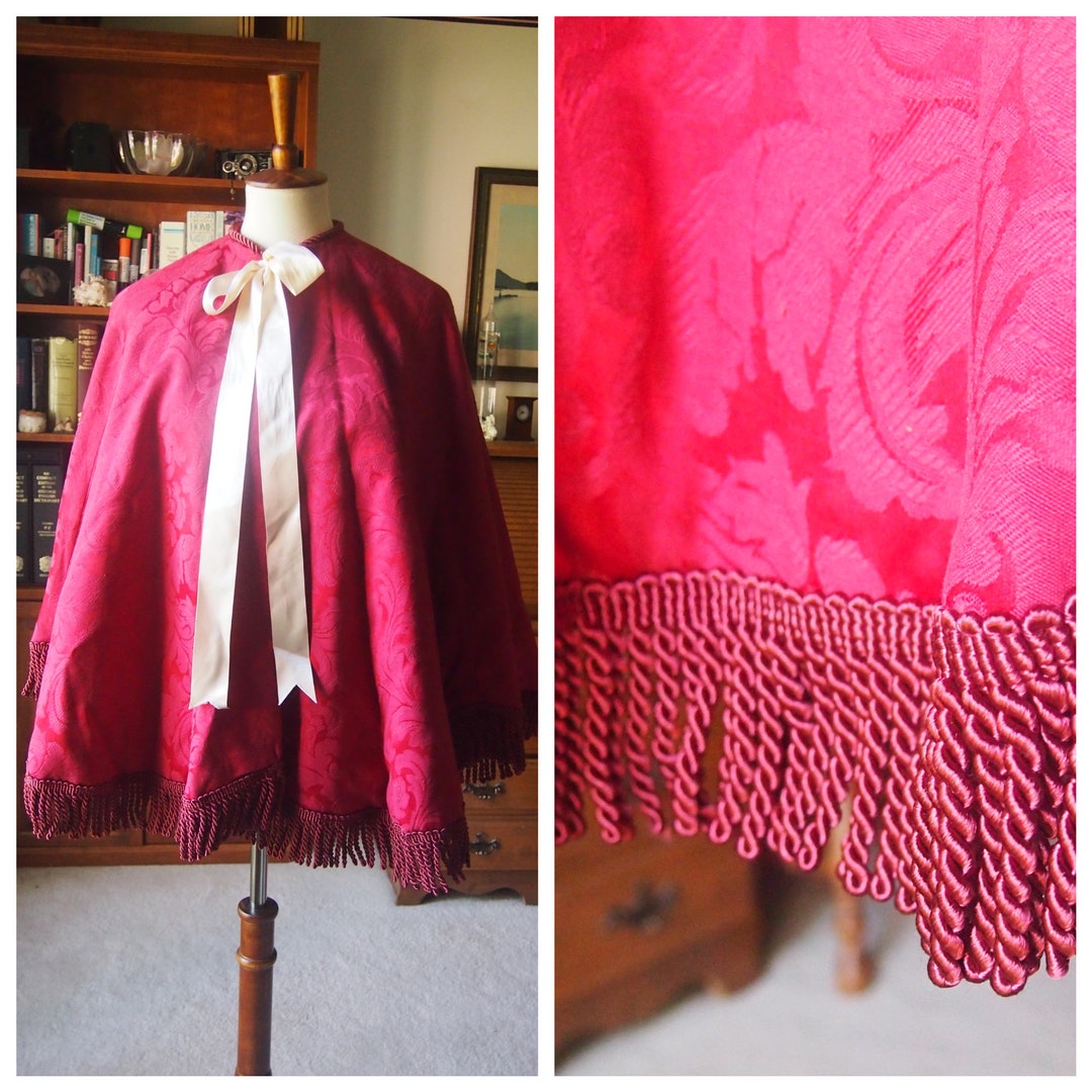 Victorian Half Cape Cloak Red Brocade With Tassel Trim and Satin Ribbon ...