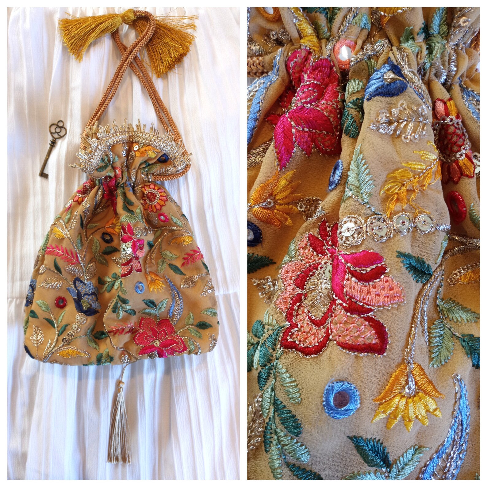 Gold Embroidered Floral Tassel Bag Pouch Drawstring Belt Waist Purse ...