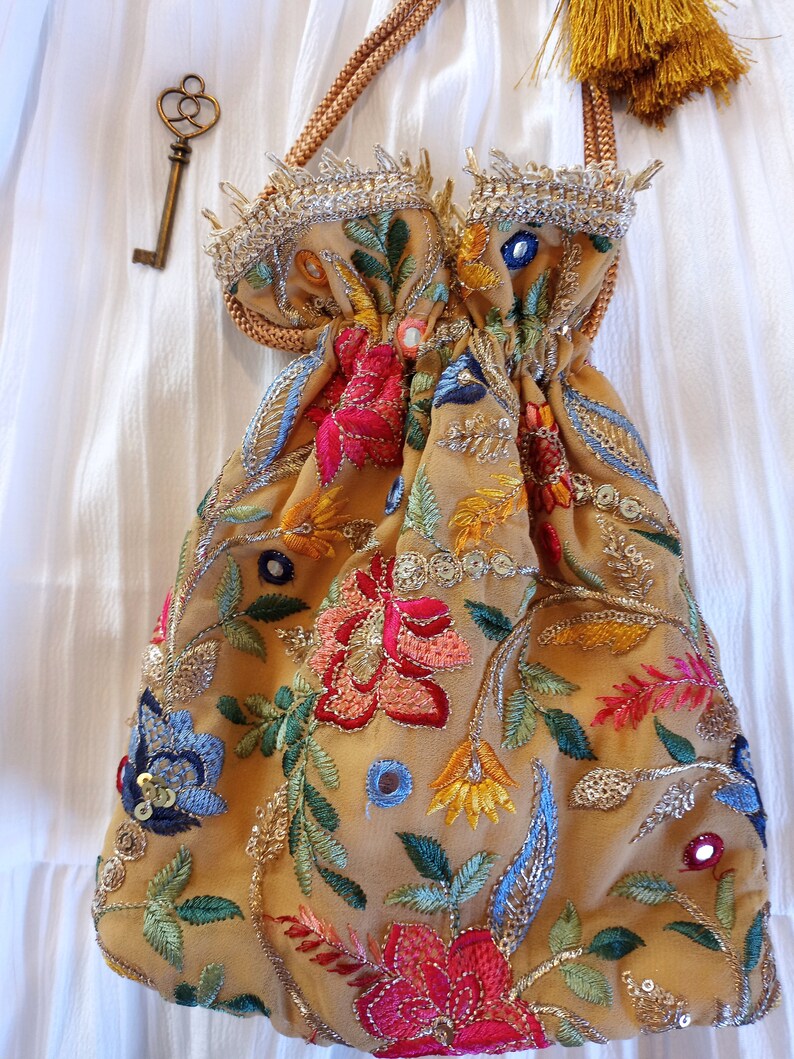 Gold Embroidered Floral Tassel Bag Pouch Drawstring Belt Waist Purse ...