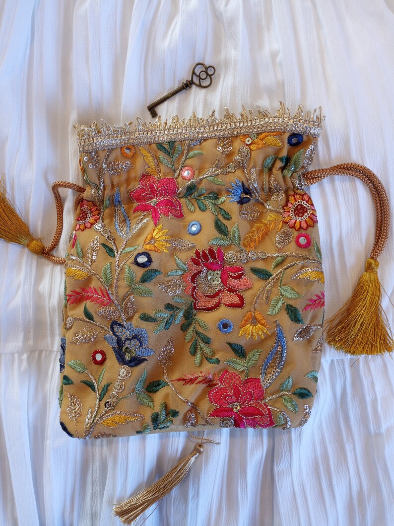 Gold Embroidered Floral Tassel Bag Pouch Drawstring Belt Waist Purse ...