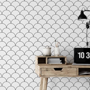 Wallpaper With Scallop Pattern, Black and White Removable Wallpaper ...