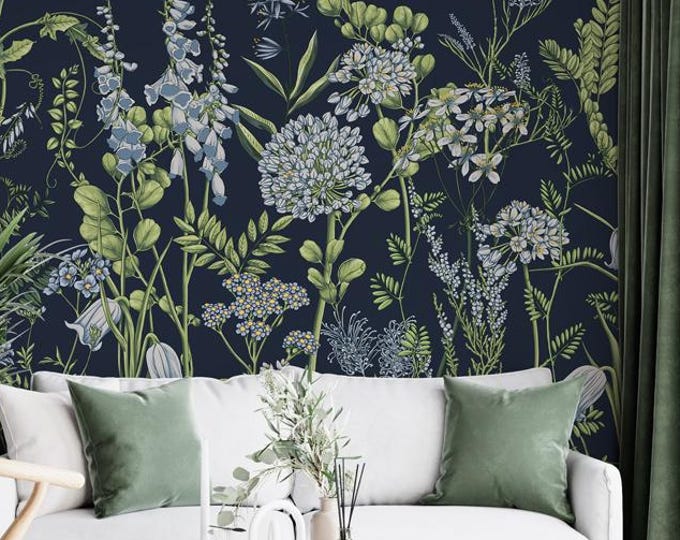 Large Dark Blue Floral Wallpaper | Peel and Stick, Prepasted, Unpasted ...
