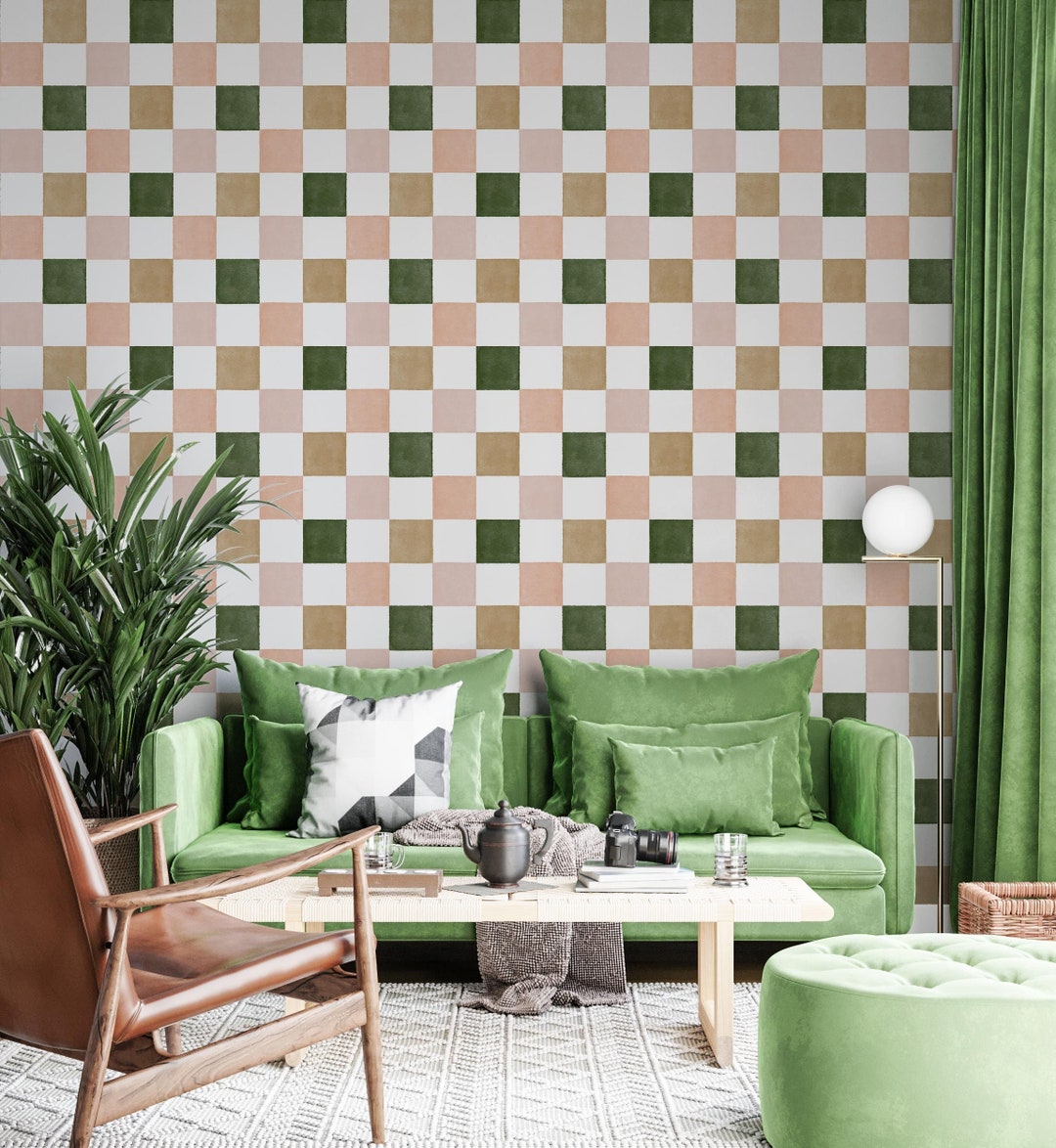 Retro Checkered Watercolor Peel and Stick Wallpaper - Etsy
