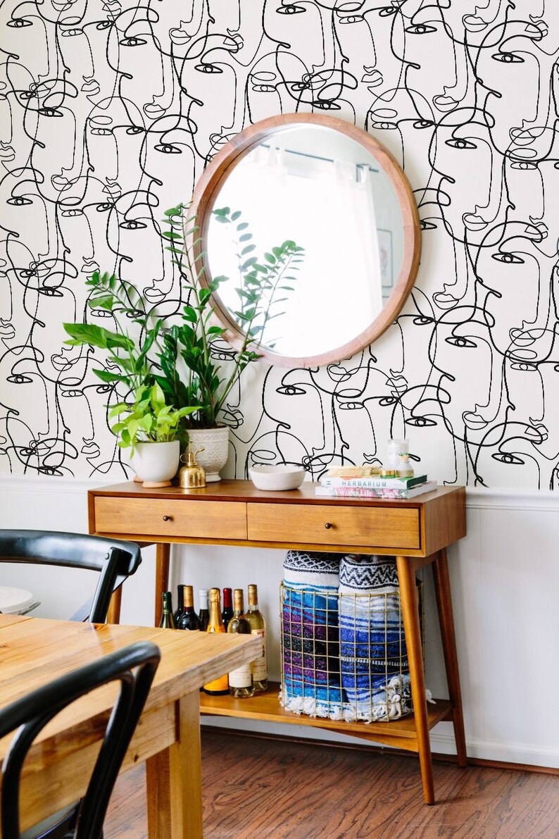 One line drawing wallpaper mural Large face line removable | Etsy