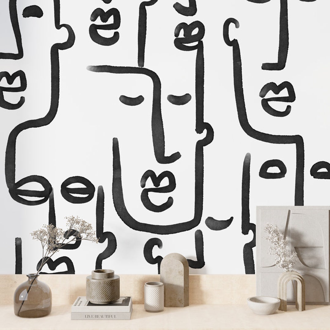 One Line Drawing Wallpaper Mural, Large Face Line Removable Wallpaper ...