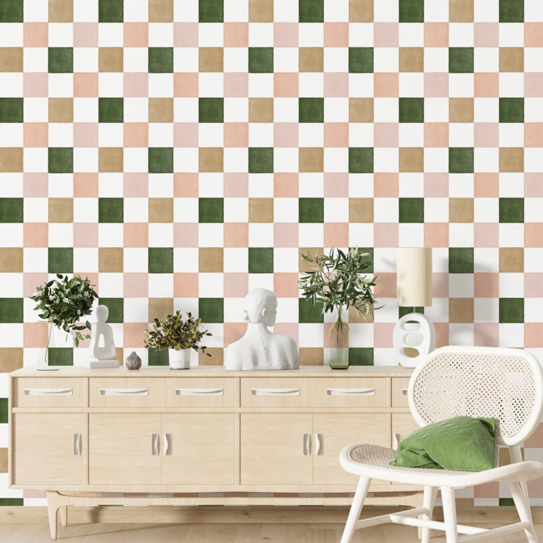 Retro Checkered Watercolor Peel and Stick Wallpaper, Watercolor Checker ...