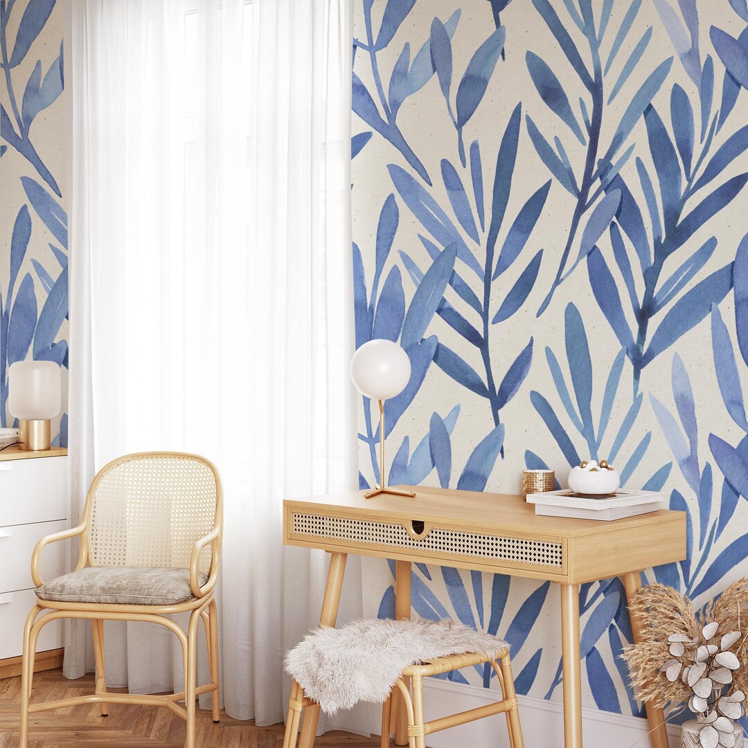 Wall Mural With Blue Watercolor Leaves, Temporary Wall Mural ...