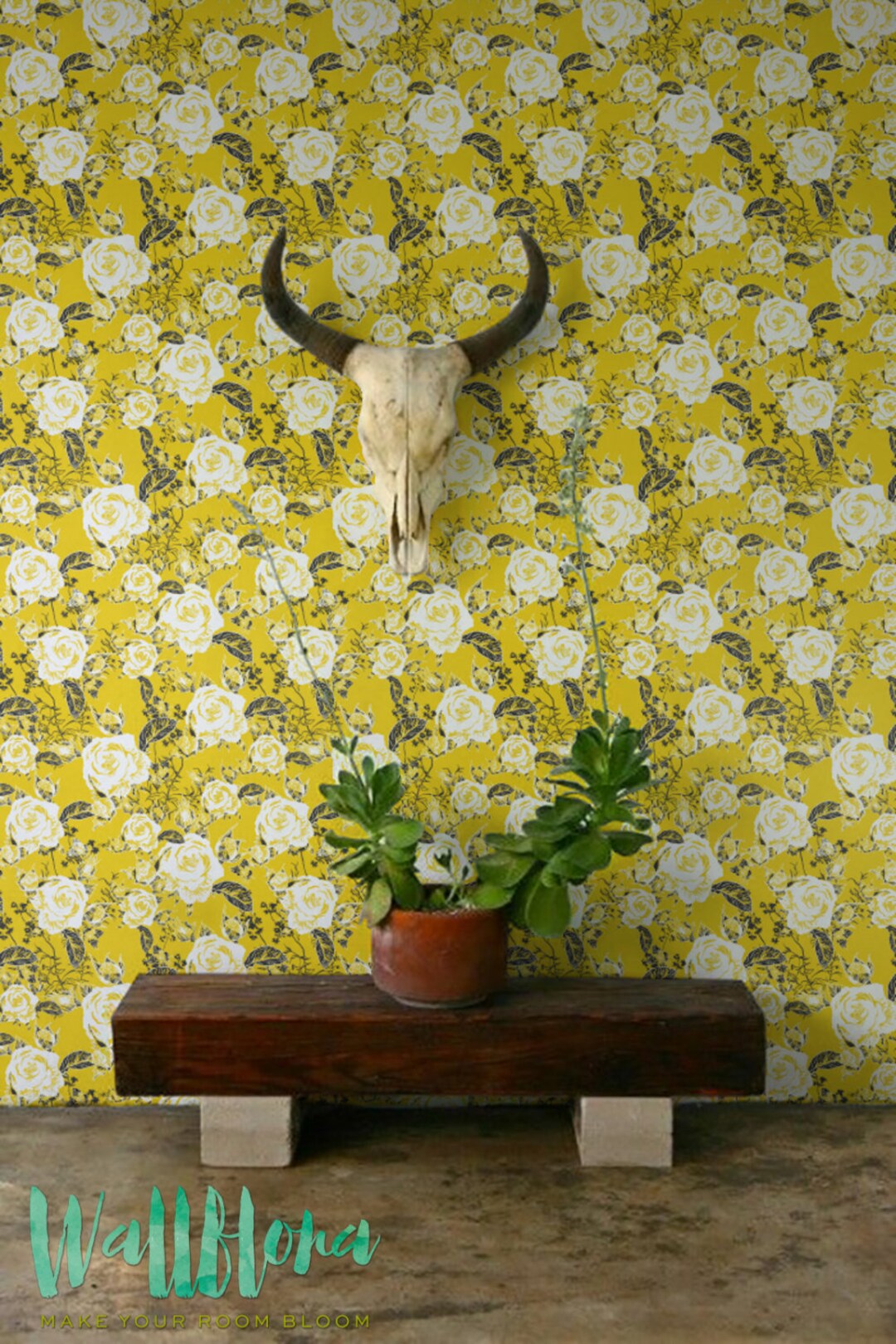 Wallpaper With Vintage Garden Rose Pattern, Yellow Removable Wallpaper ...