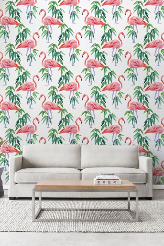 PINK FLAMINGO wallpaper Tropical removable wallpaper Exotic | Etsy