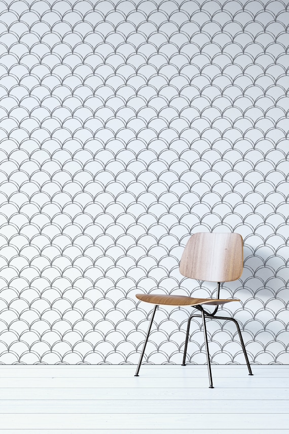 Wallpaper With Double Scallop Pattern Black and White | Etsy