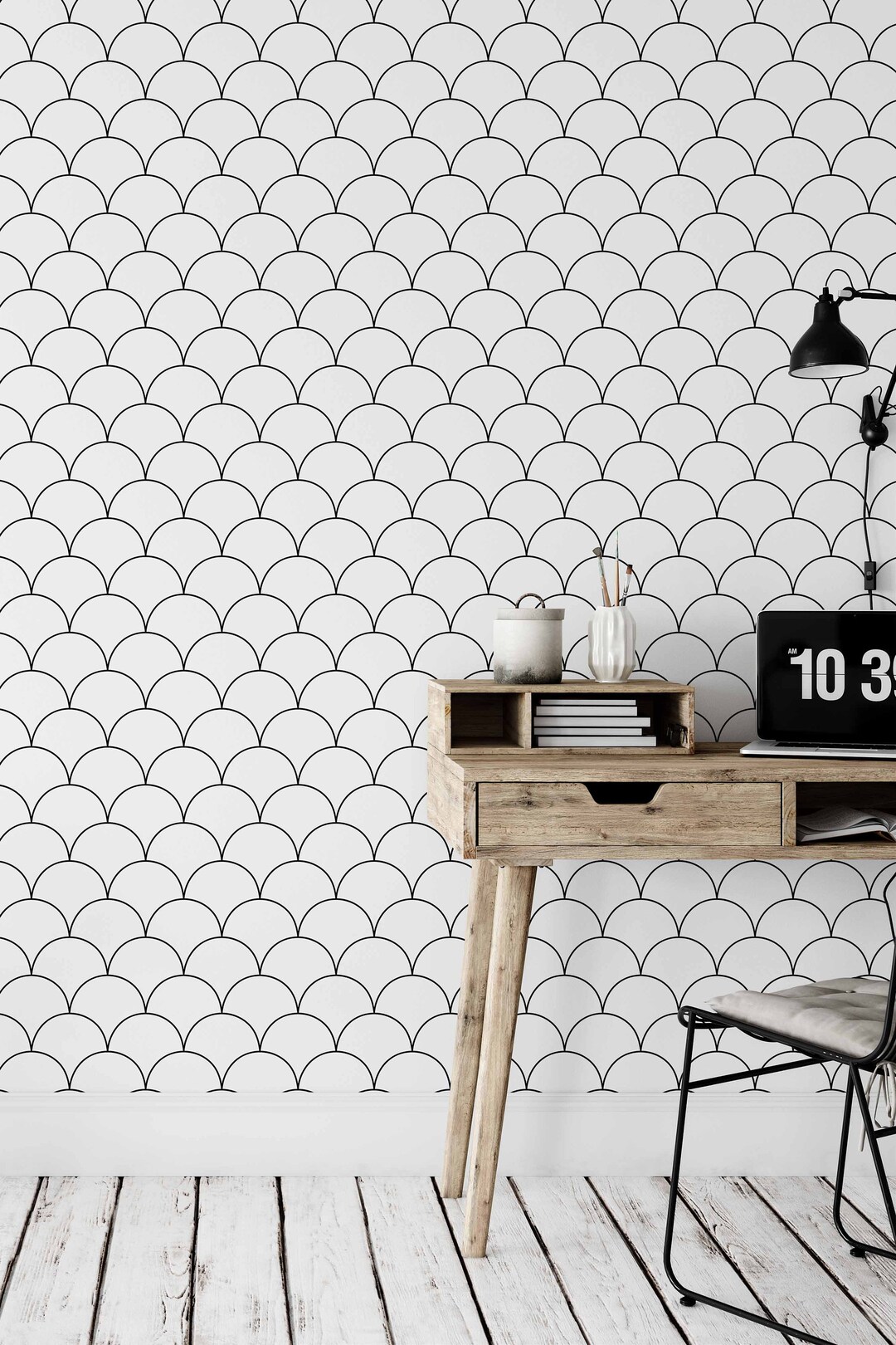 Wallpaper With Scallop Pattern, Black and White Removable Wallpaper ...