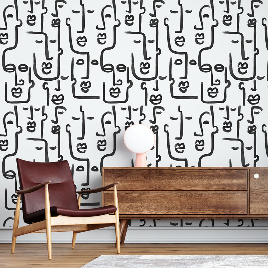 One Line Drawing Wallpaper Mural, Large Face Line Removable Wallpaper ...
