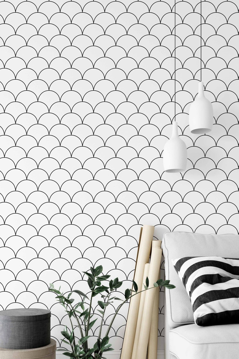 Wallpaper With Scallop Pattern, Black and White Removable Wallpaper ...