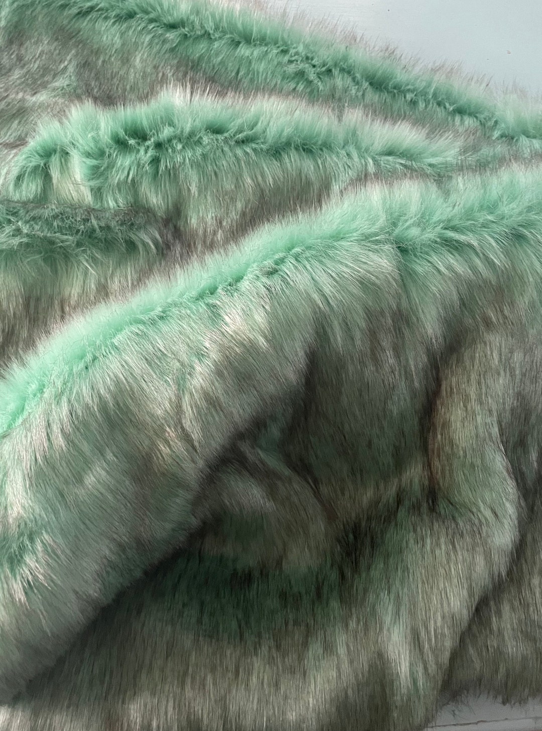 Mint Wolf Luxury Long Thick Faux Fur Soft Green With a Black/grey Tip ...