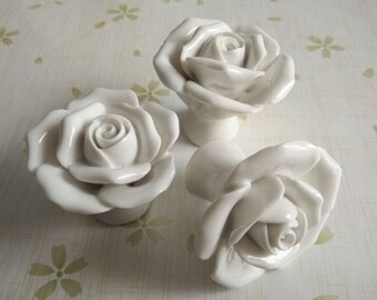 Shabby Chic Dresser Drawer Knobs Pulls Handles Creamy White Silver Gold Rose Flower Kitchen ...