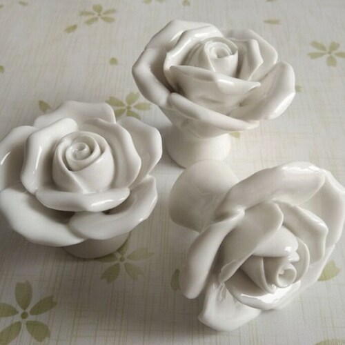 White Knobs Rose Flower Handles Pulls / Chic Dresser Knobs / - Etsy