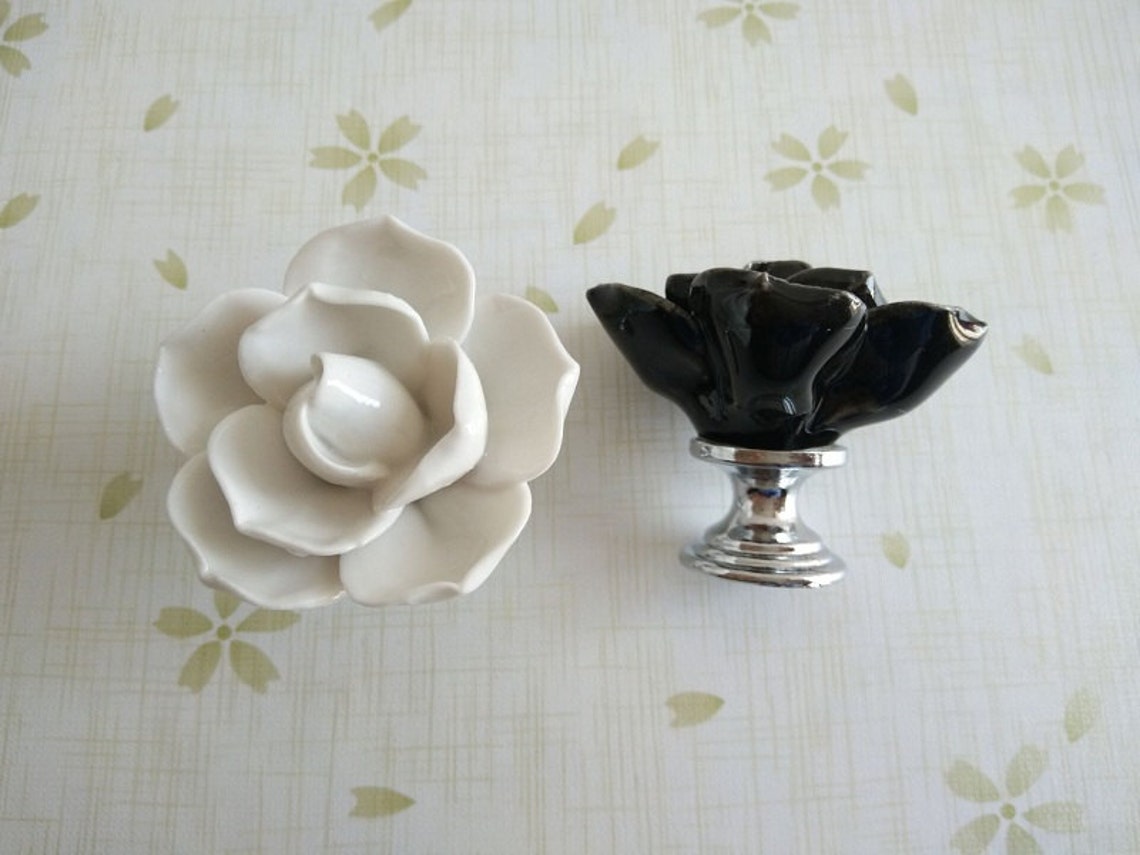 Black Flower Knobs Handles Pulls / Chic Dresser Knob / Ceramic - Etsy
