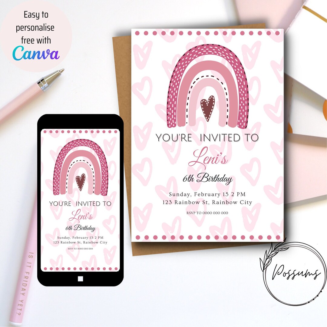 Rainbow Birthday Invitation, Girl Party Invite, Heart Birthday, Pink ...