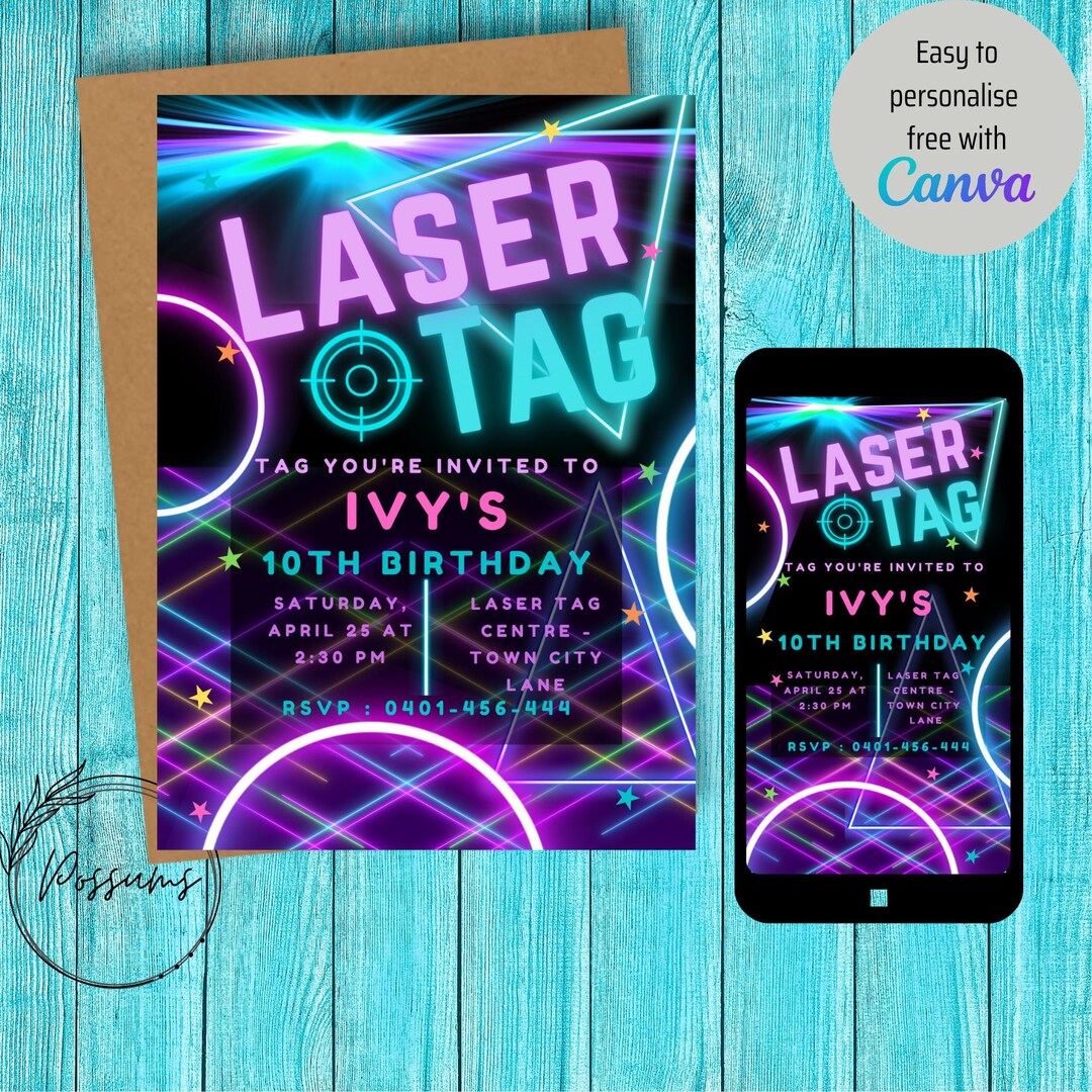 Laser Tag Invite, Any Age Birthday, Laser Invitation, Neon Lights ...