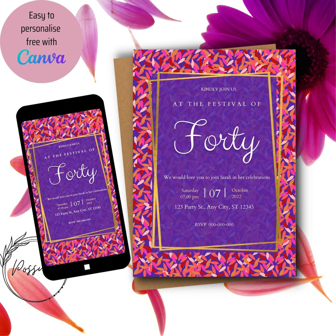 40th Birthday Party Invitation, Forty Invite, Festival of Forty, Flower ...