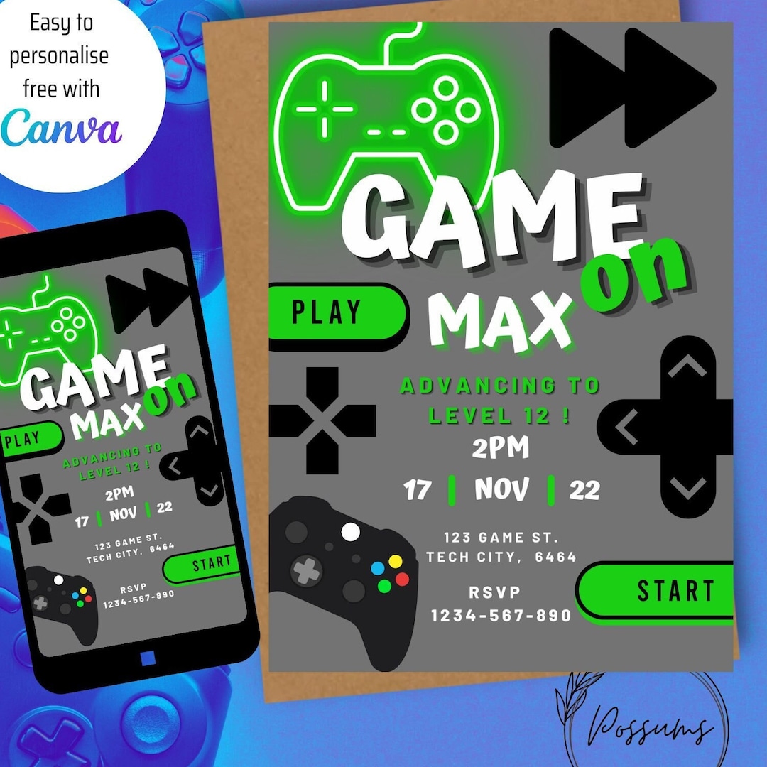 Gaming Party Invitation, Video Game Party, Any Age Birthday, Green ...