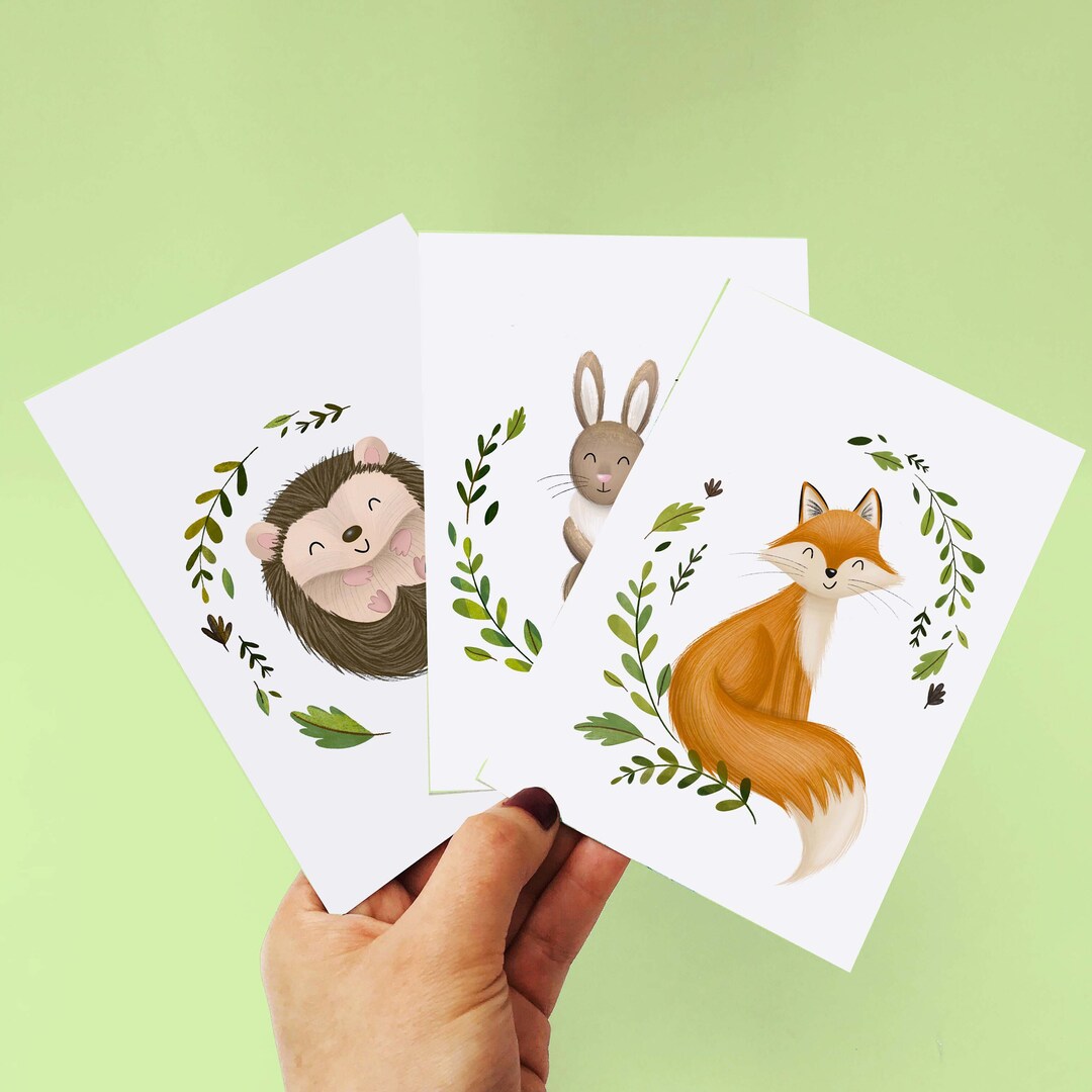 Woodland Animal Postcard Pack of 3 Cute Fox Bunny and - Etsy UK